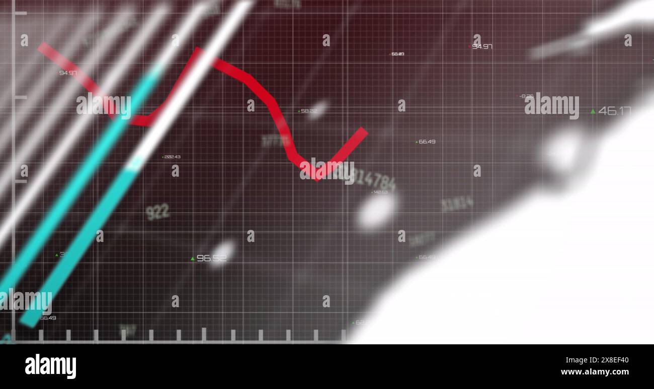 Image of statistical data processing and multiple changing numbers against black background ...