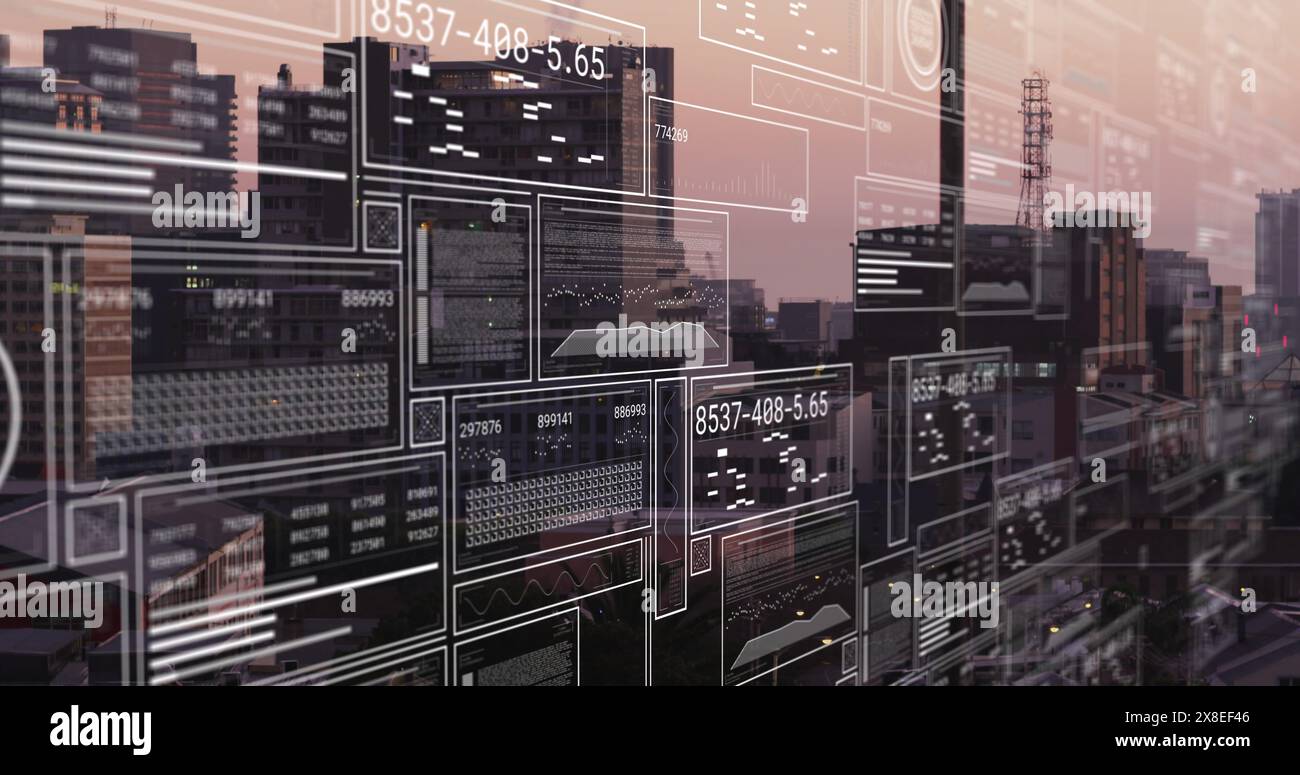 Image of loading bars, circles, graphs and changing numbers over modern city in background Stock ...