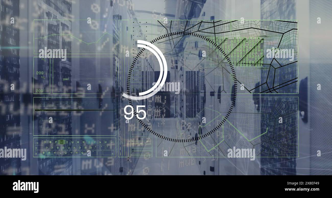 Image Of Interface With Data Processing Over Spinning Globe Against Computer Server Room Stock