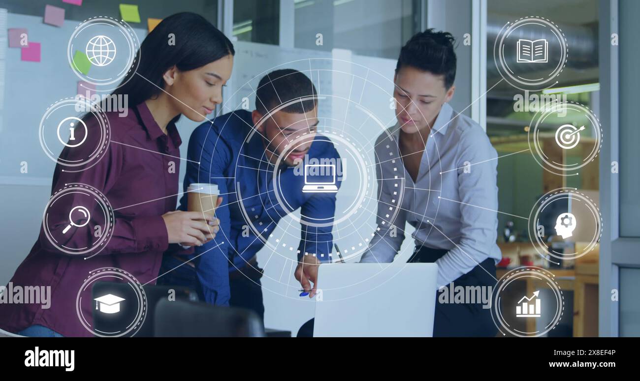 Image of icons and data processing over diverse business people in ...