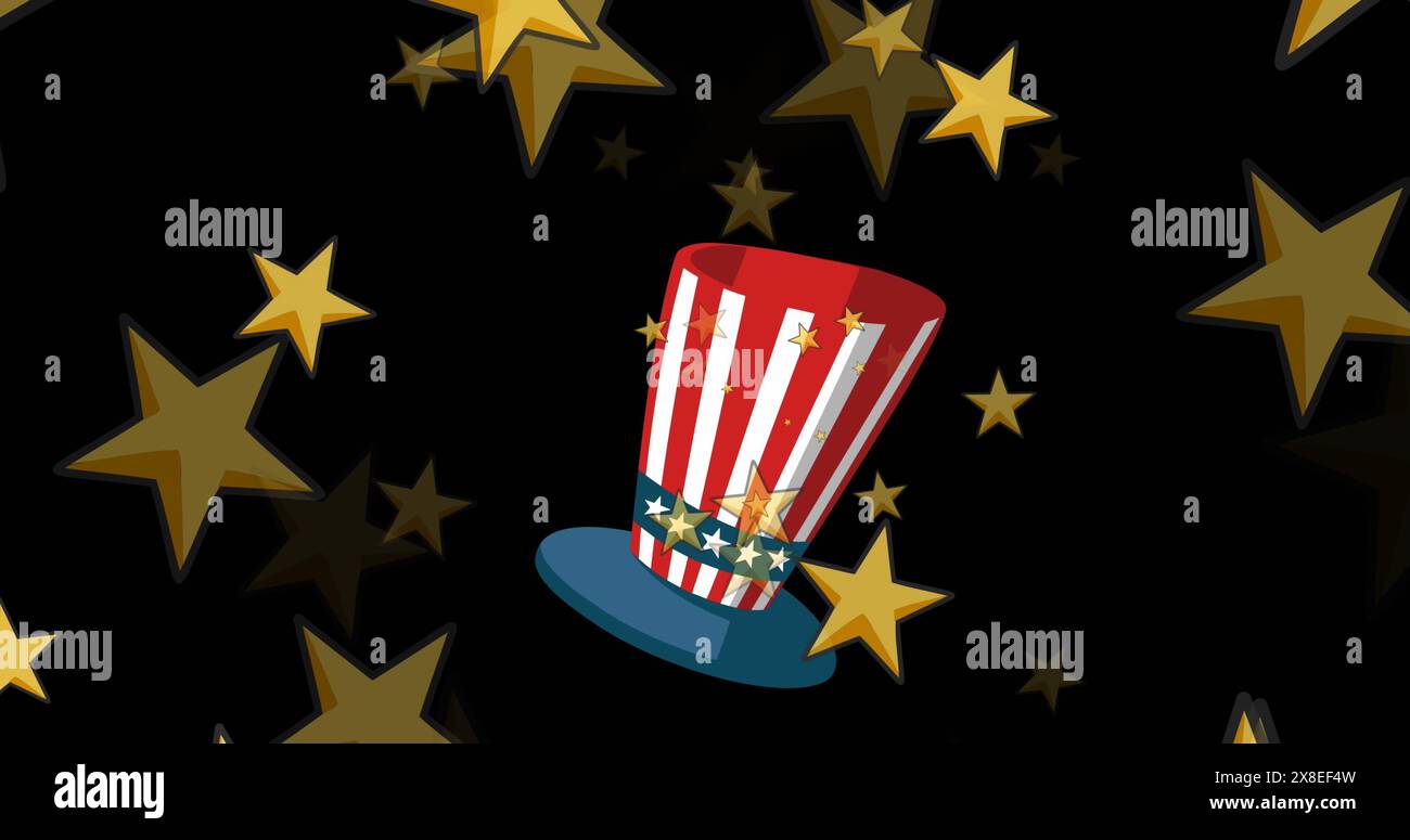 Image of stars falling over top hat with flag of united states of ...