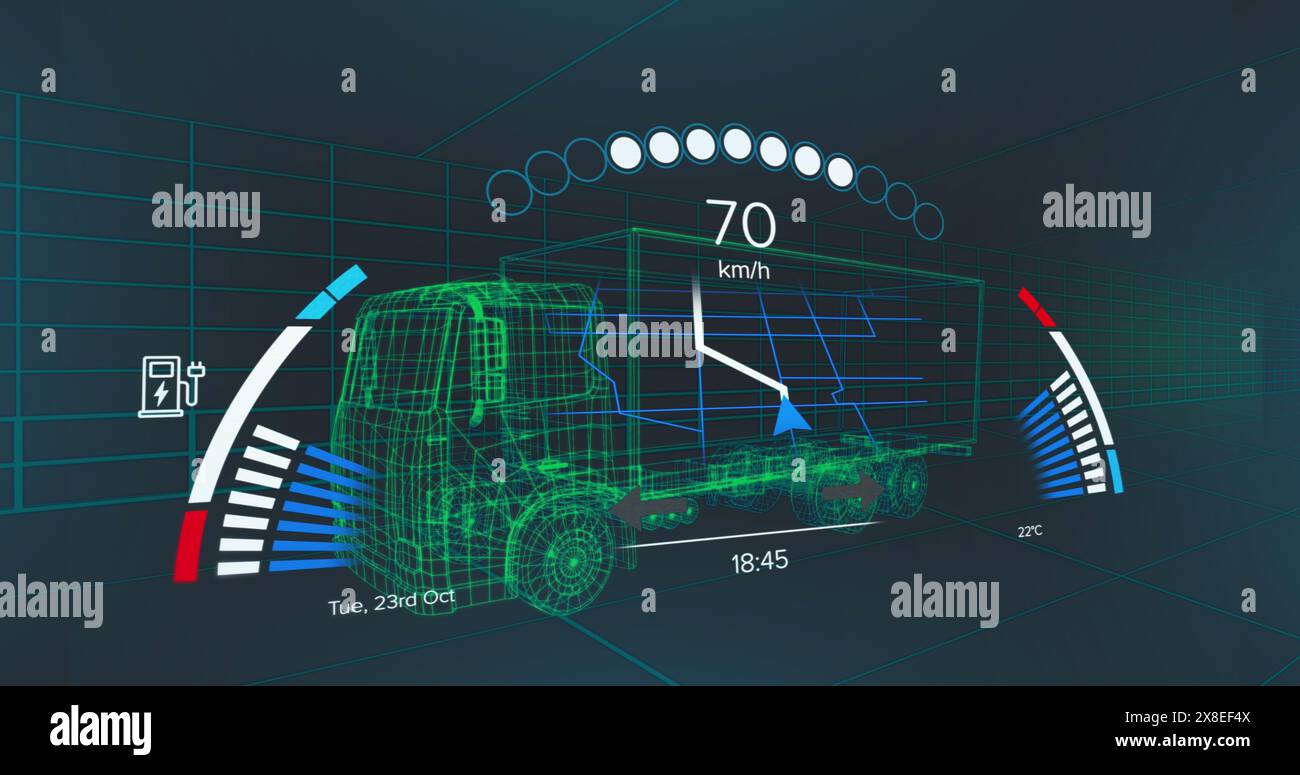 Image of speedometer data processing over 3d truck drawing Stock Photo - Alamy
