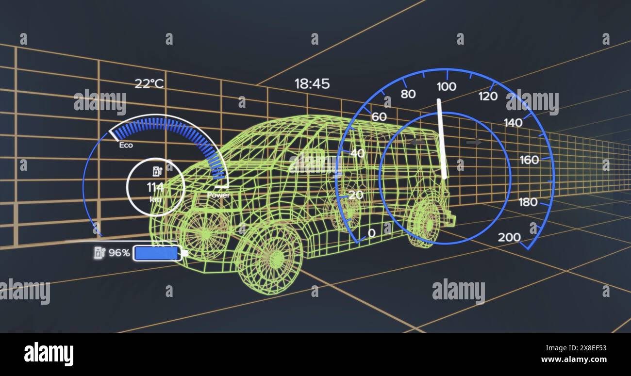 Image of speedometer data processing over 3d car drawing Stock Photo ...