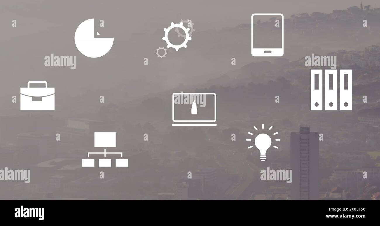 Image of financial icons and data processing over cityscape Stock Photo ...