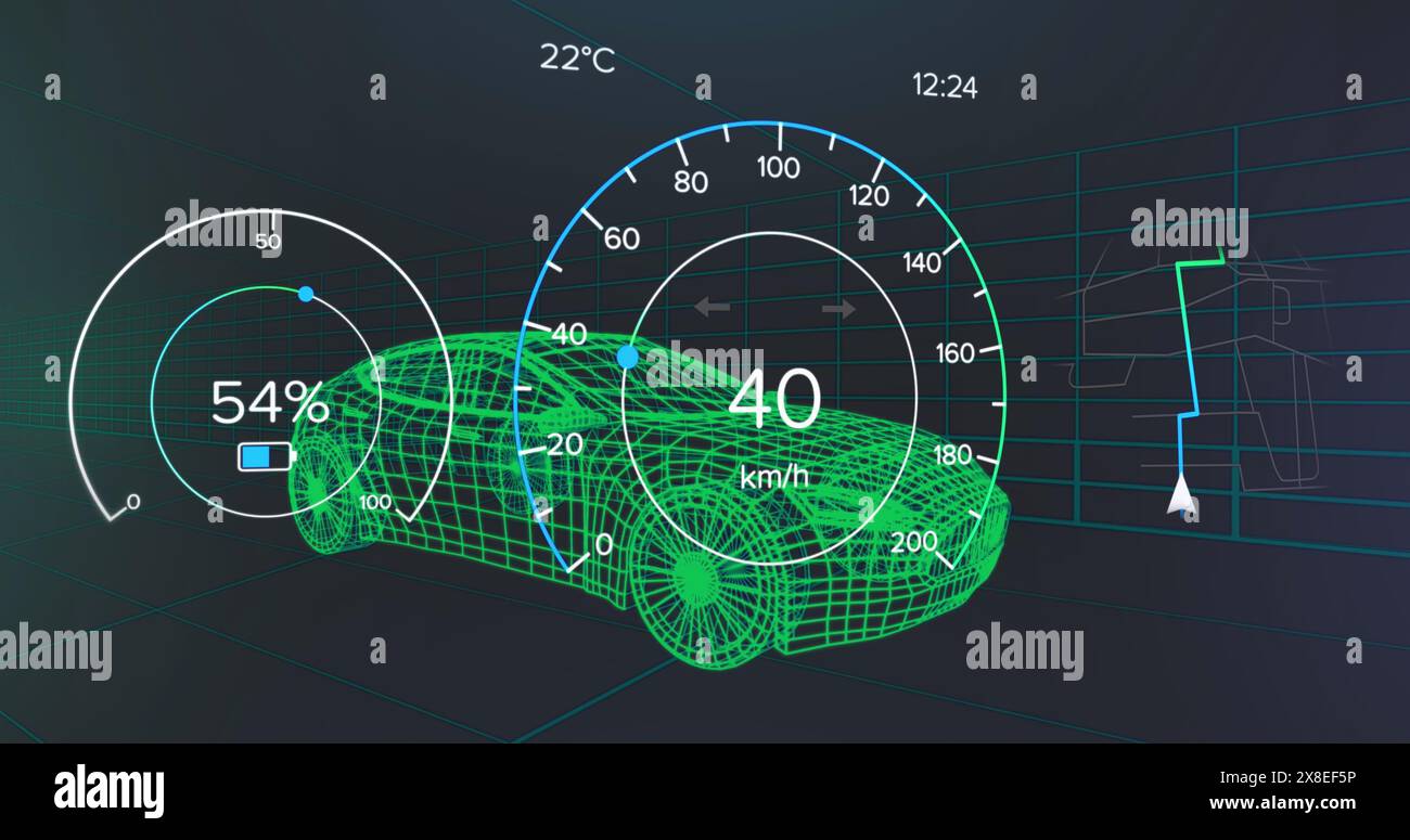 Image of speedometer data processing over 3d car drawing Stock Photo ...
