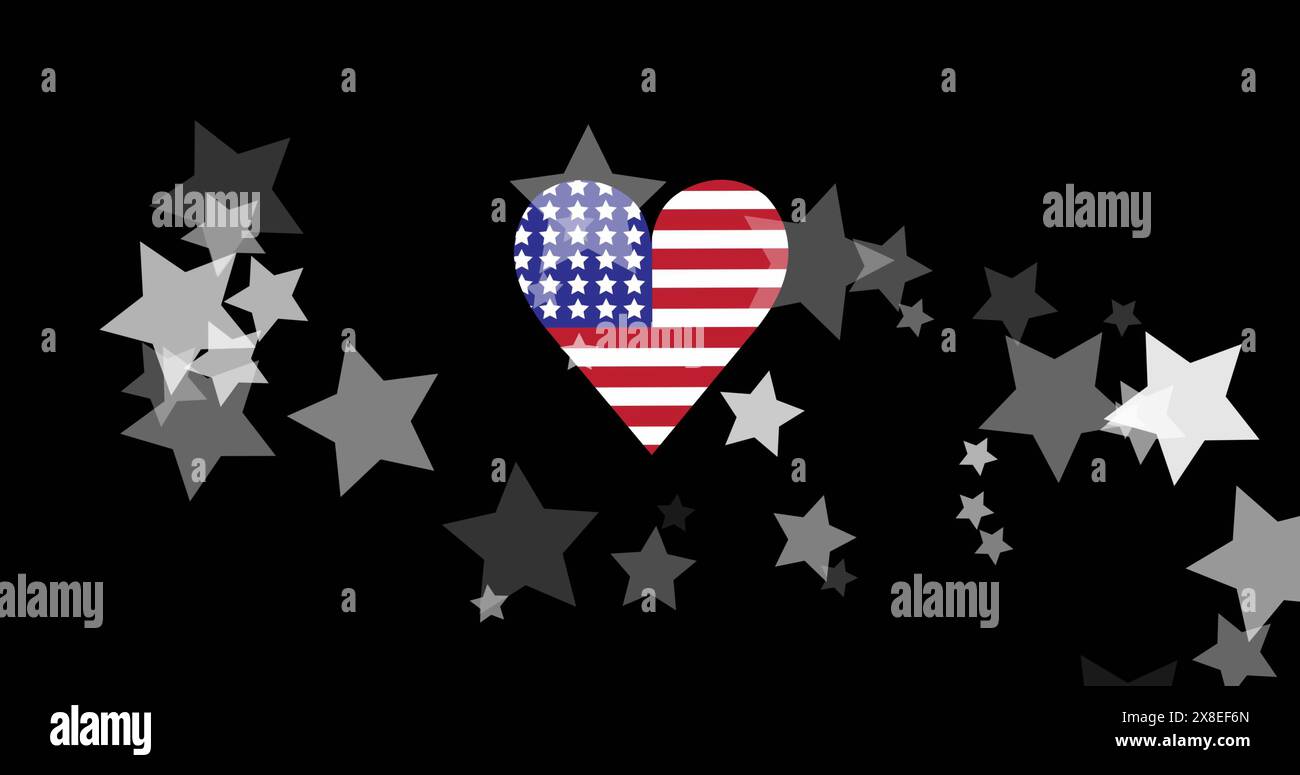 Image of stars falling over heart with flag of united states of america ...