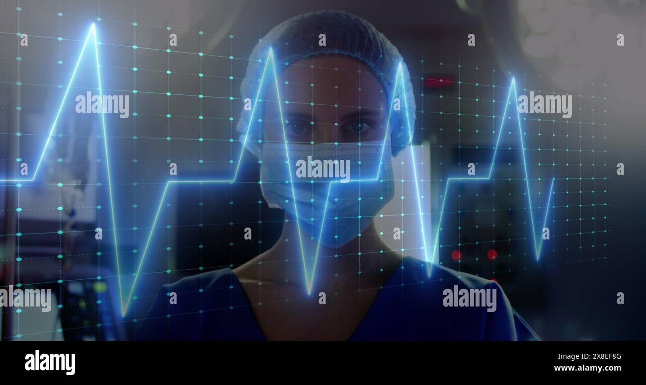 Image of heart rate monitor against portrait of caucasian female ...