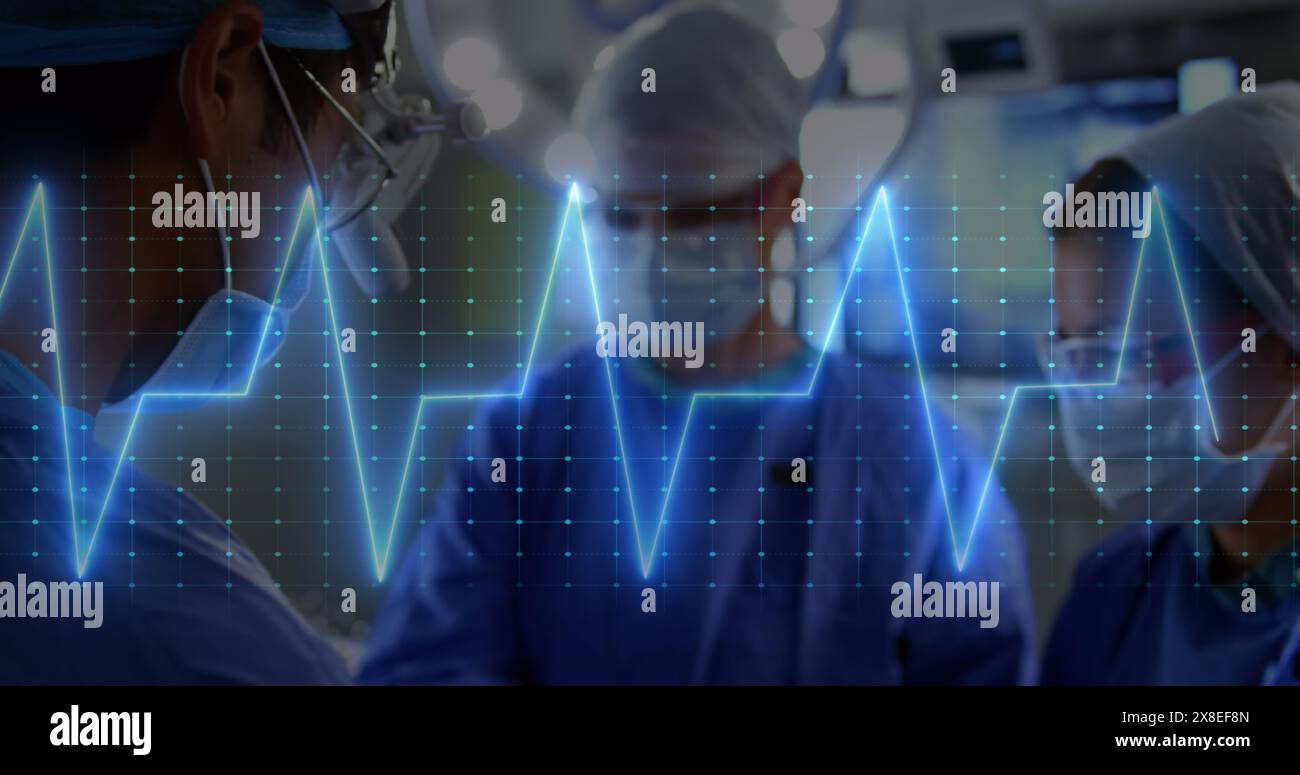 Image of heart rate monitor over team of diverse surgeons performing ...
