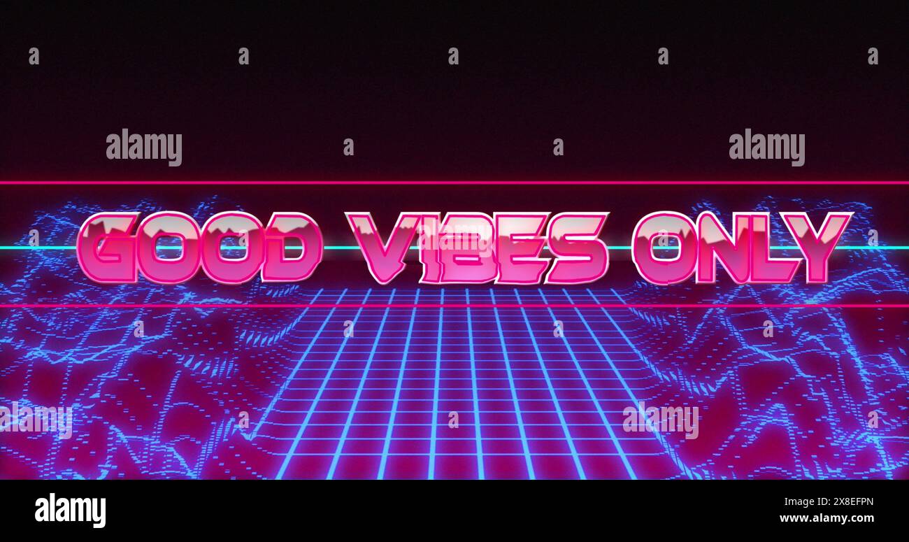 Image of good vibes only text banner and glowing blue digital wave ...