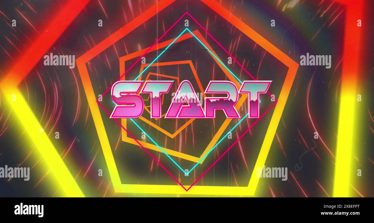 Image of start text banner over spinning light trails and hexagonal ...