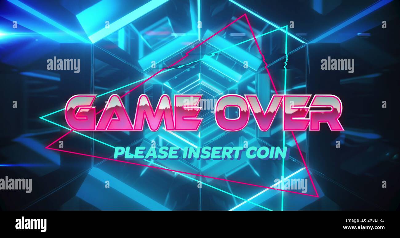 Image of game over text banner against neon hexagonal tunnel in ...