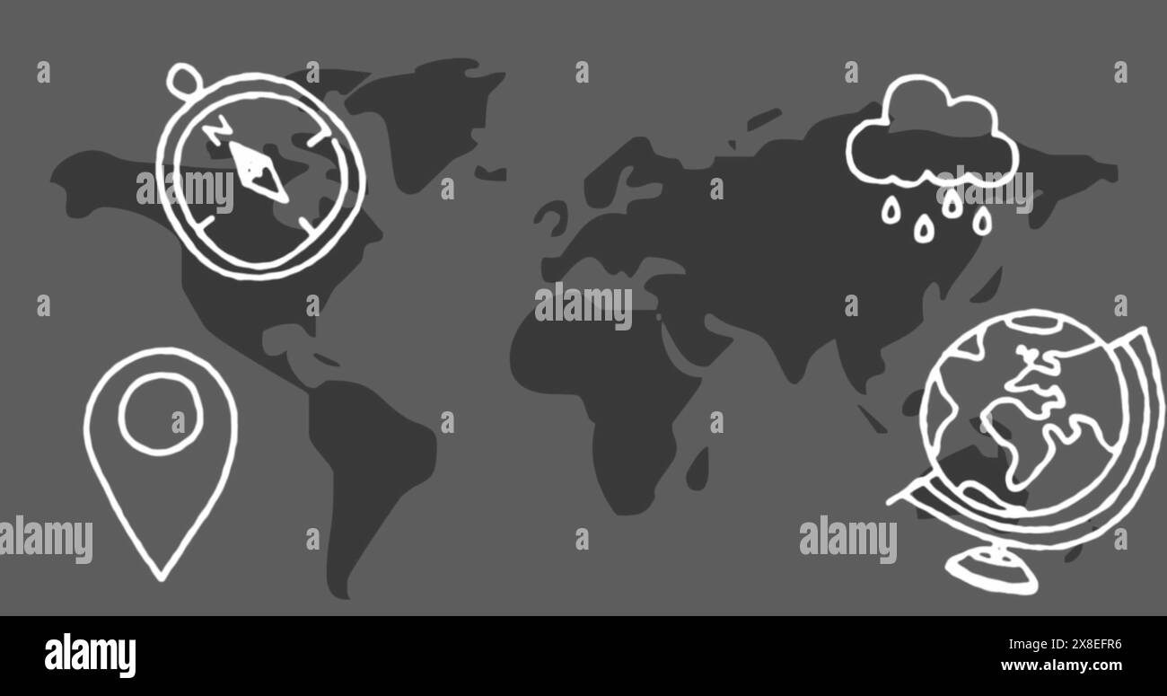 Image of multiple geography concept icons over world map against grey ...