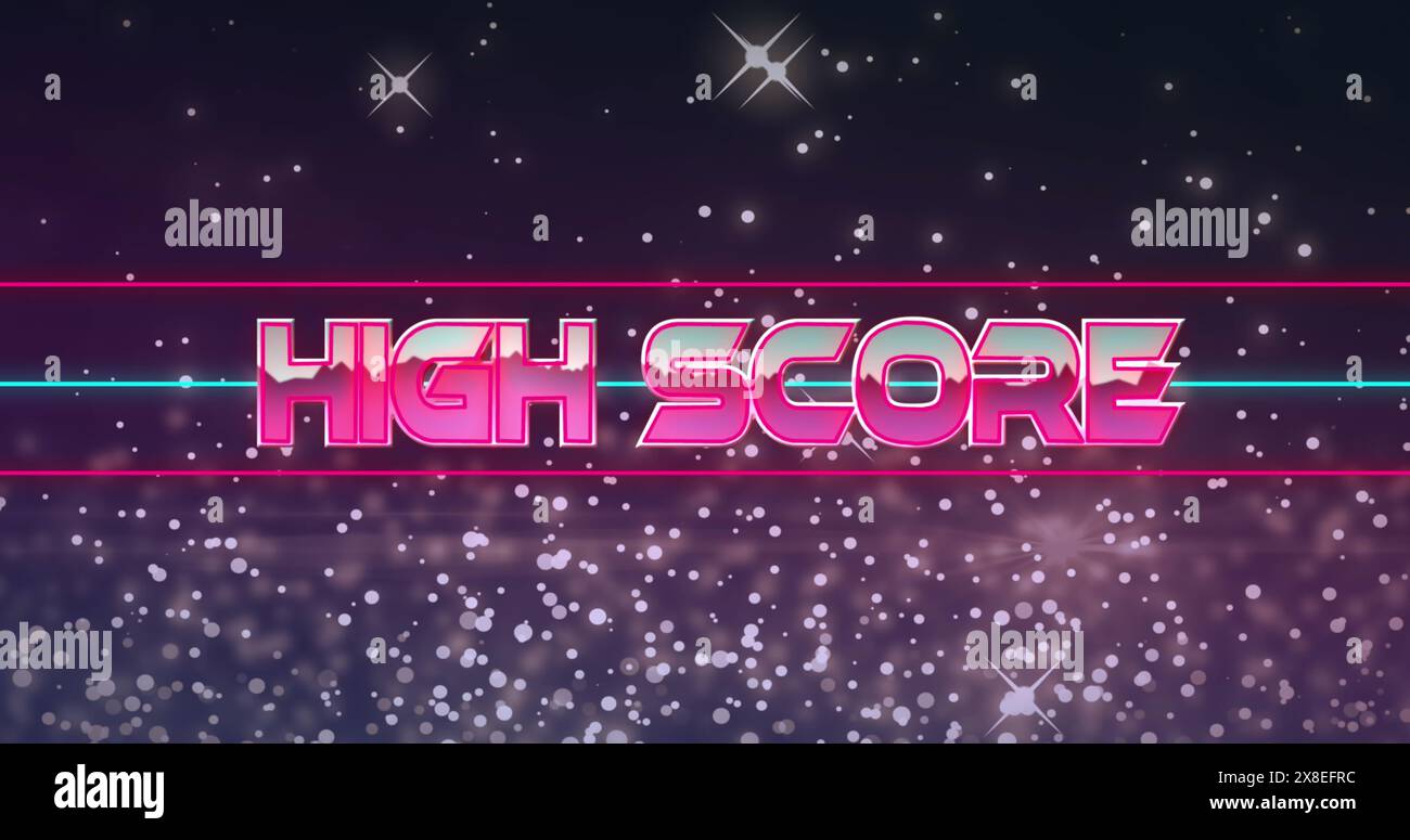 Image of high score text banner over light spots and shining stars ...