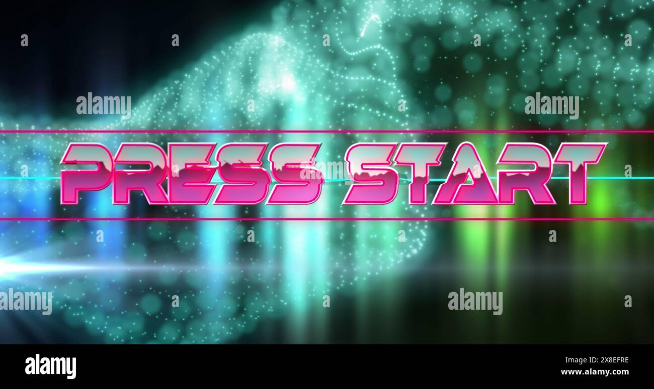 Image of press start text banner and digital wave against colorful ...
