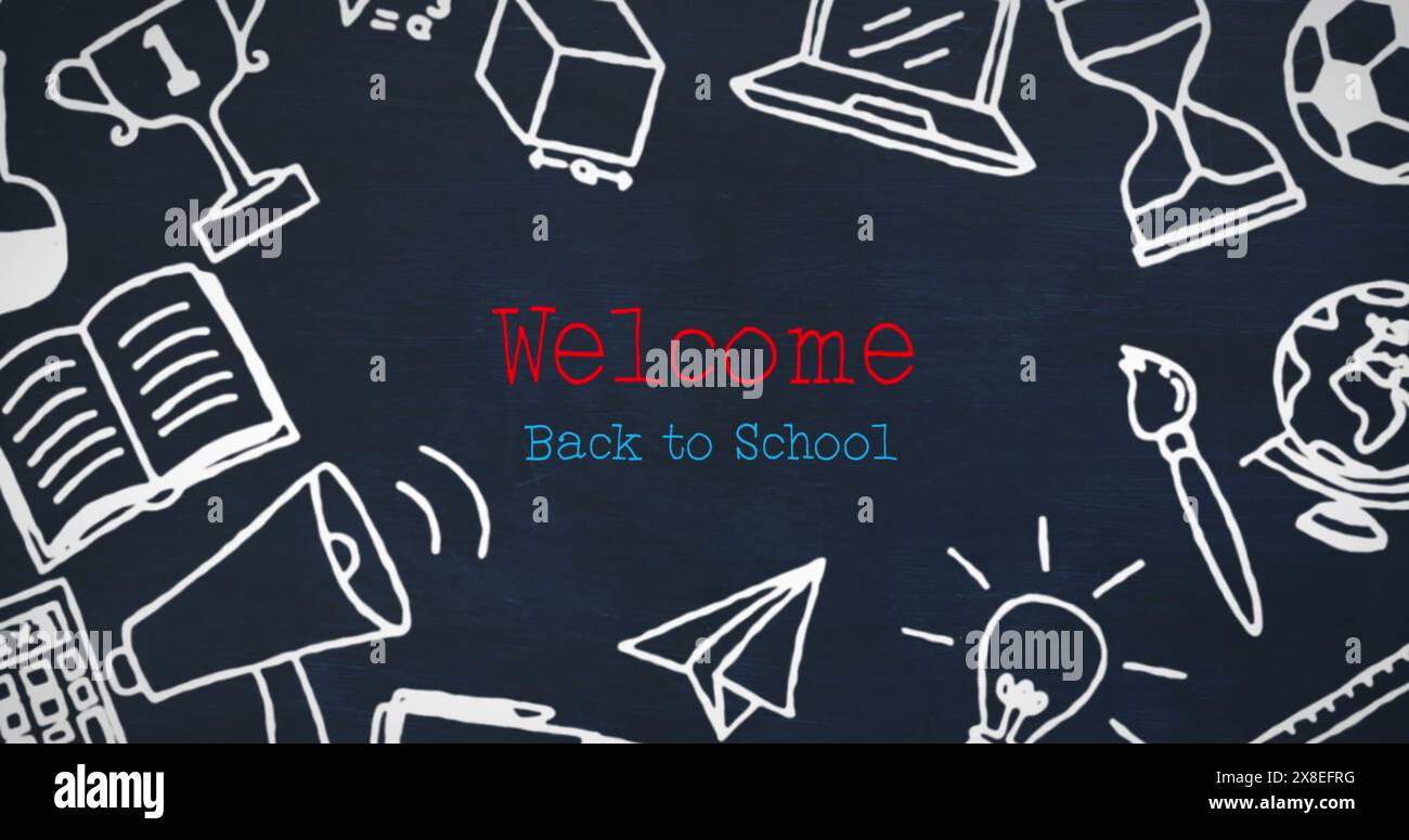 Image of welcome back to school text and school icons over black ...