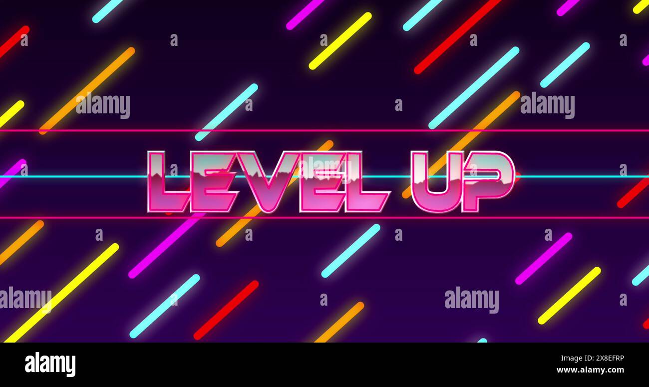 Image of level up text banner over colorful light trails against blue ...