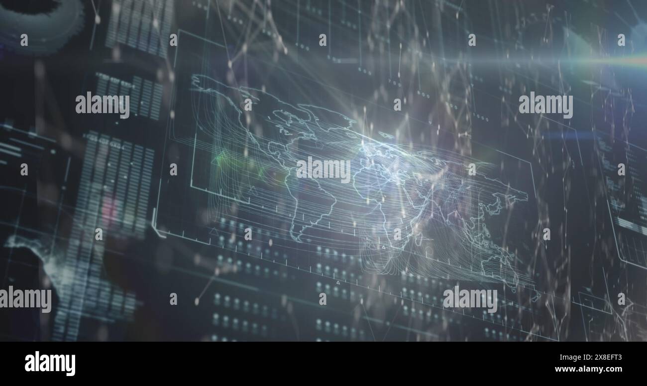 Image of network of connections over interface with data processing against black background ...