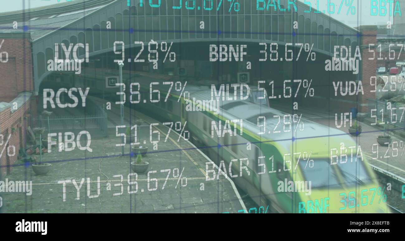Image of stock market data processing against aerial view of running ...