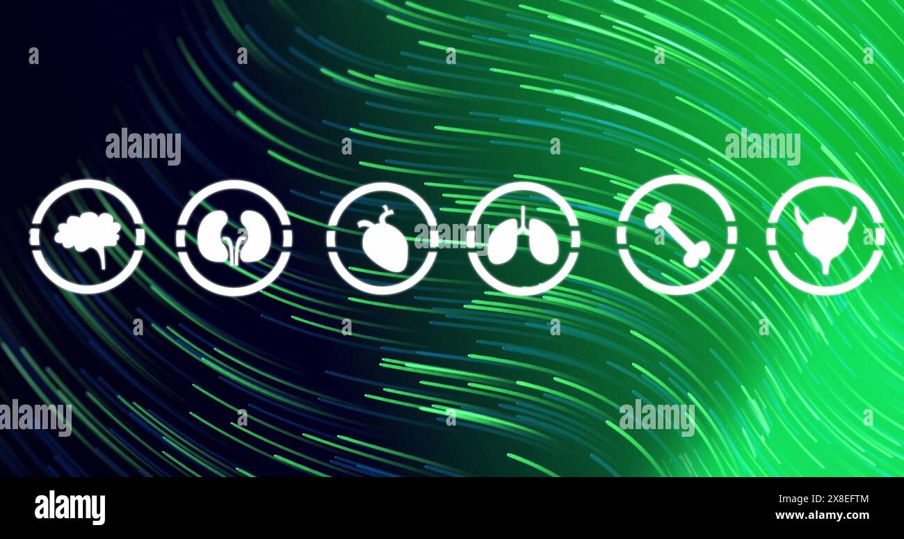 Image of multiple medical icons over wavy light trails against green ...