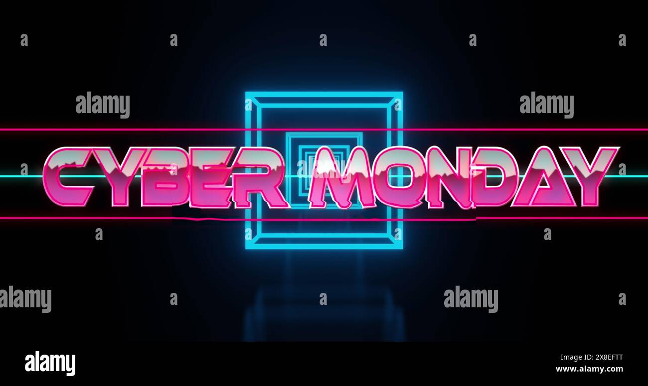 Image of cyber monday text banner against neon blue square shapes in ...