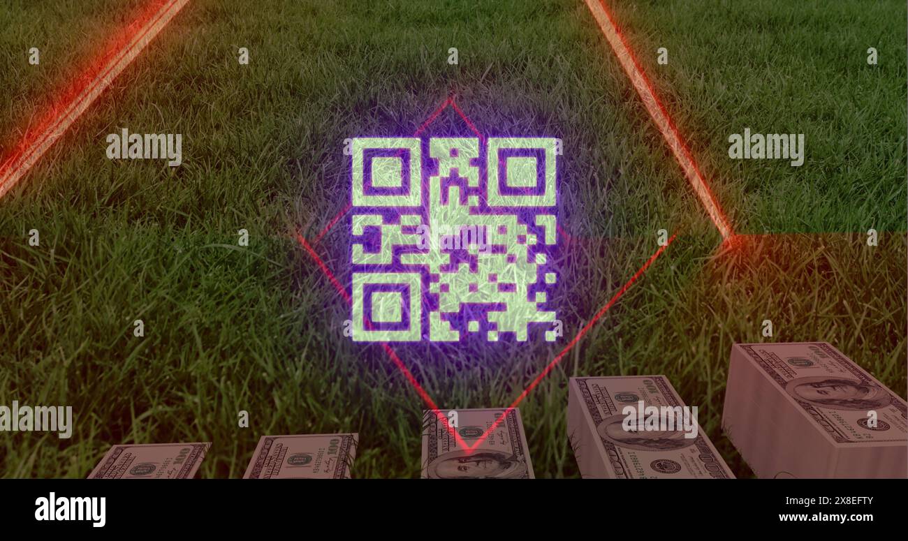 Image of neon qr code scanner and light trails against stack of dollar ...