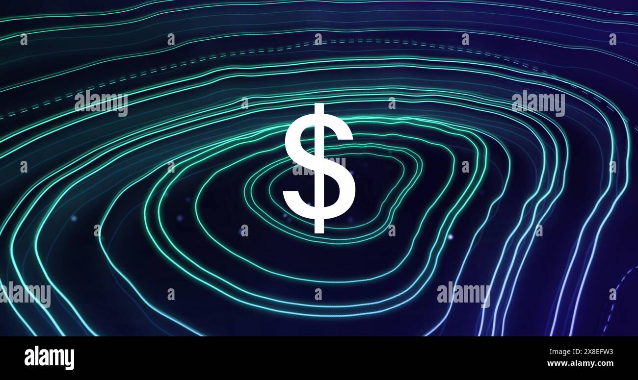 Image of dollar symbol over topography patterns against blue background ...