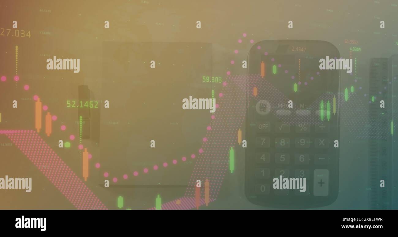 Image of graphs with changing numbers, overhead view of diary ...