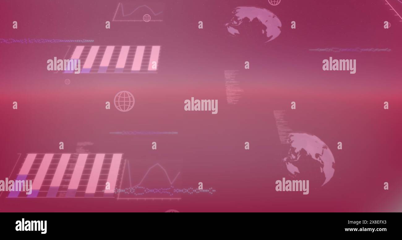 Image of icons over graphs, computer language and globes against ...