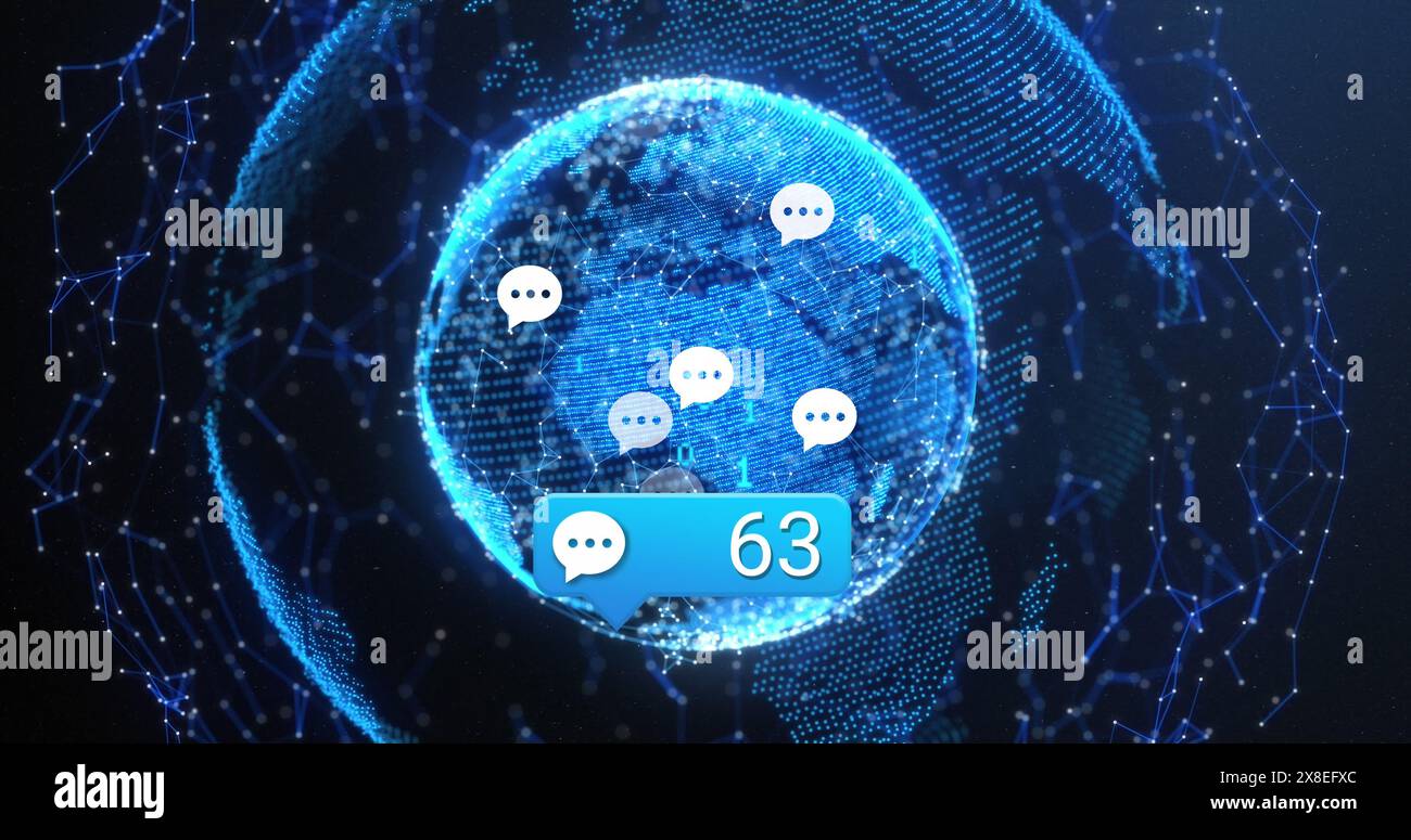 Image of social media icons over globe of network of connections ...