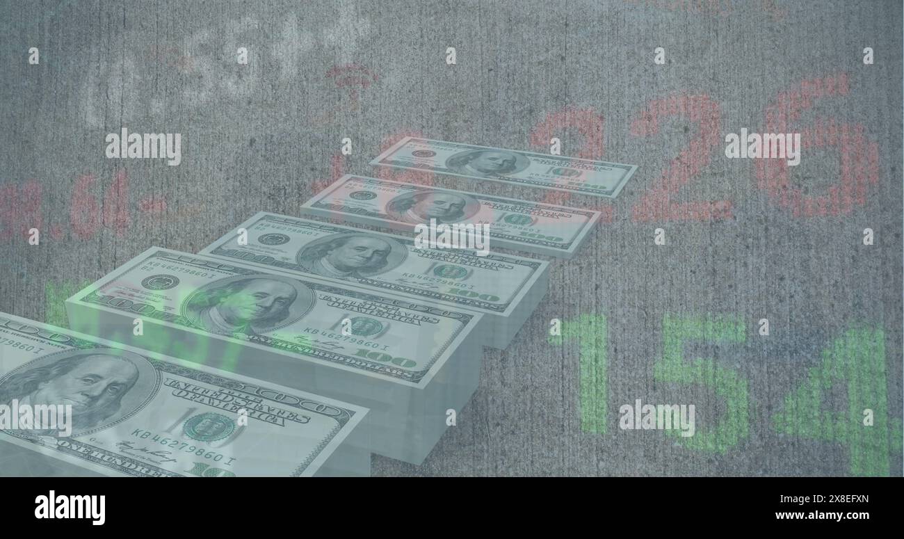 Image of stock market data processing over stack of dollar bills ...