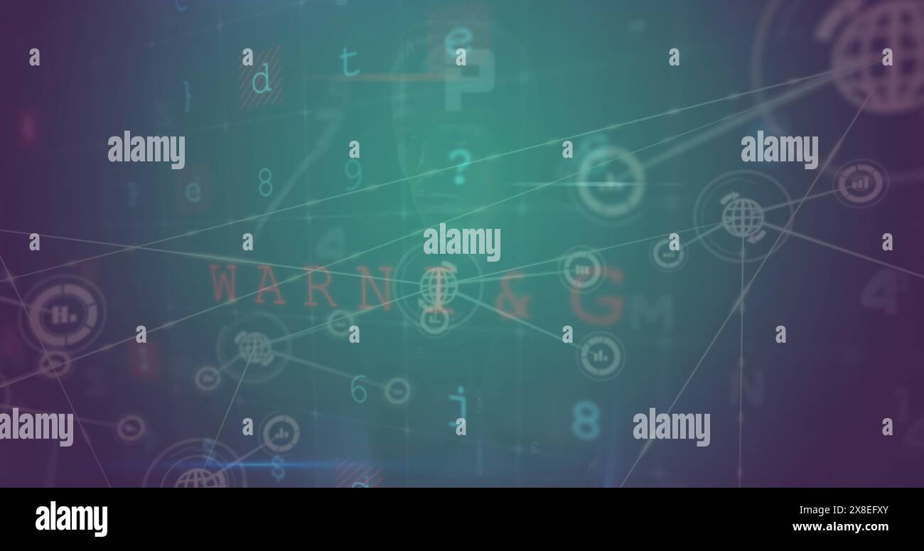 Image of connected icons over letters, symbols, texts and numbers against blue background Stock ...