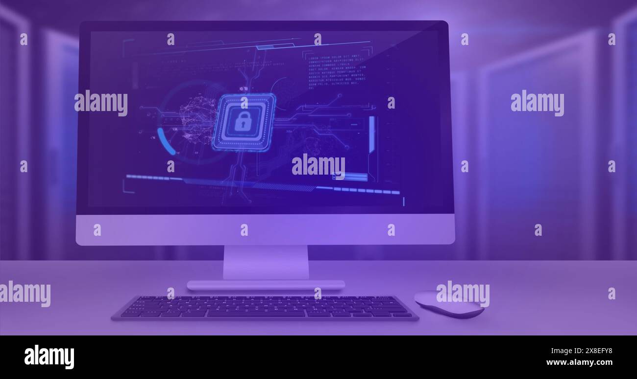 Image of connected dots forming globe, padlock and computer language in ...
