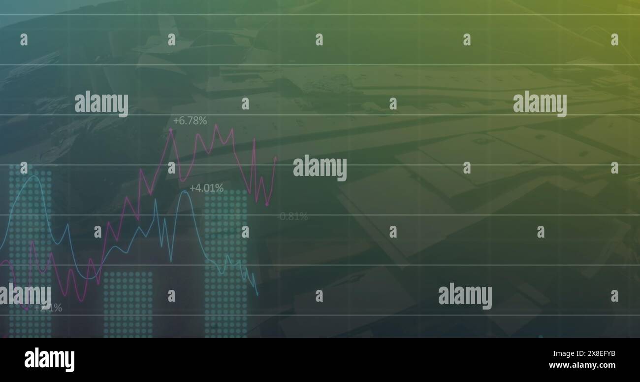 Image of multiple graphs with changing numbers over aerial view of ...