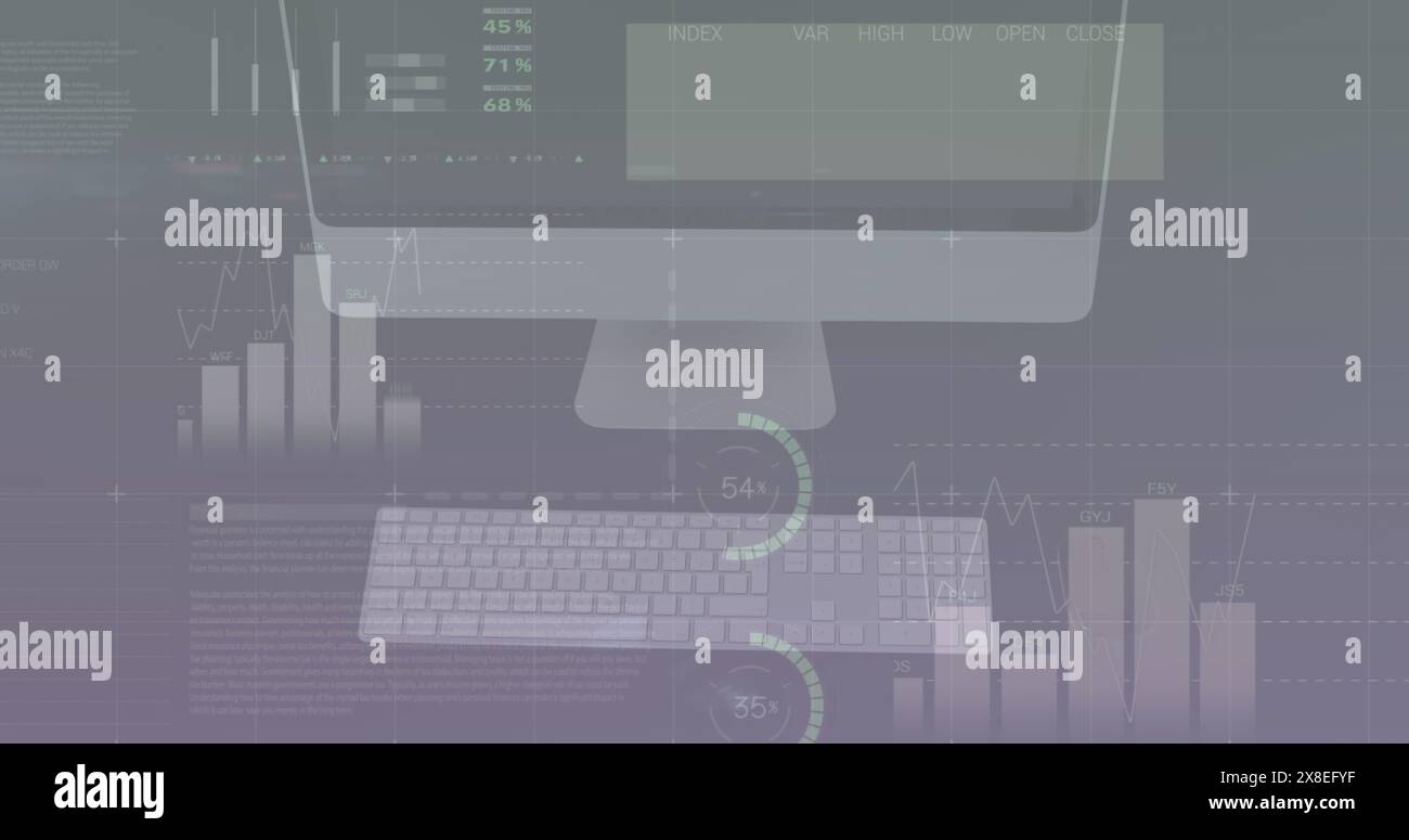 Image of infographic interface over overhead view of desktop and ...