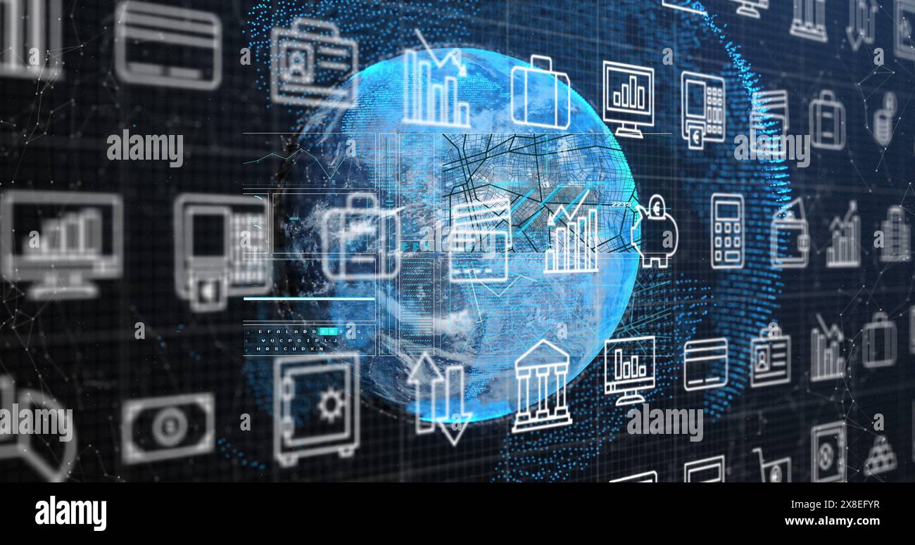Image of multiple digital icons and interface with data processing against a globe Stock Photo ...