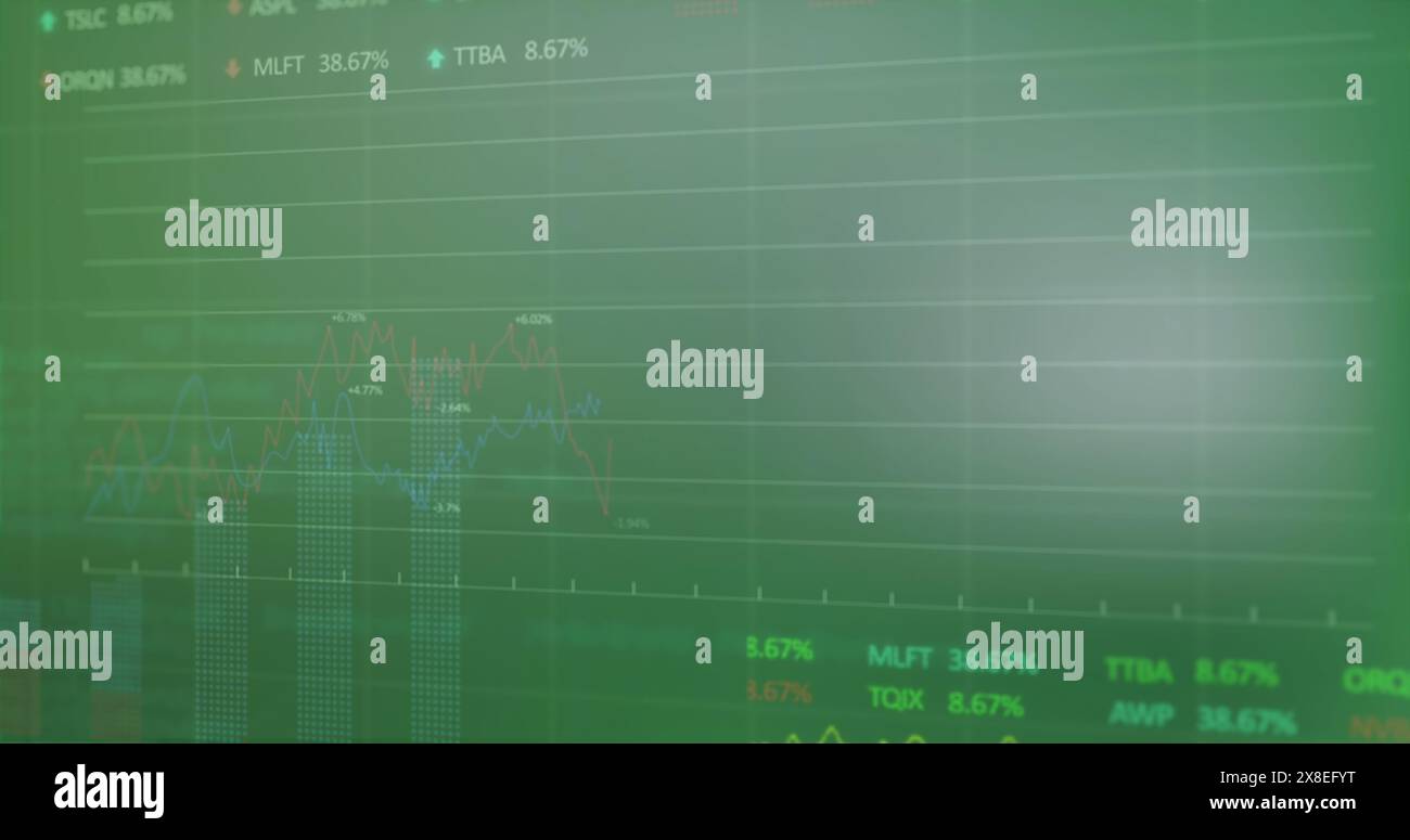 Image of multiple graphs, loading circles and trading boards against green background Stock ...