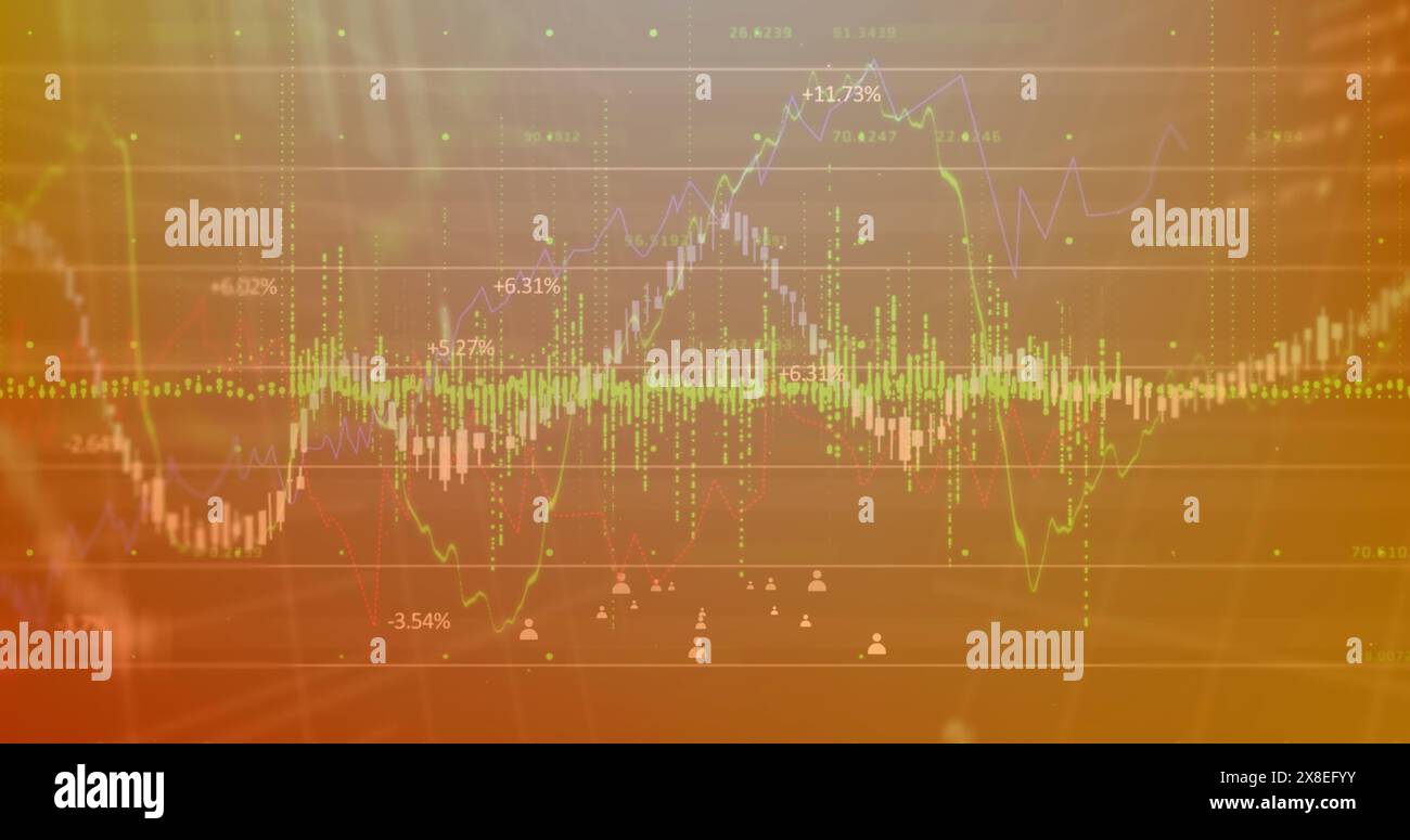 Image of multiple graphs, looping icons and trading board over abstract background Stock Photo ...