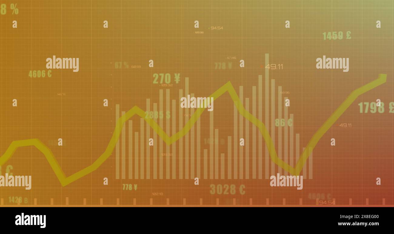 Image of changing numbers and currency symbols over graph against abstract background Stock ...