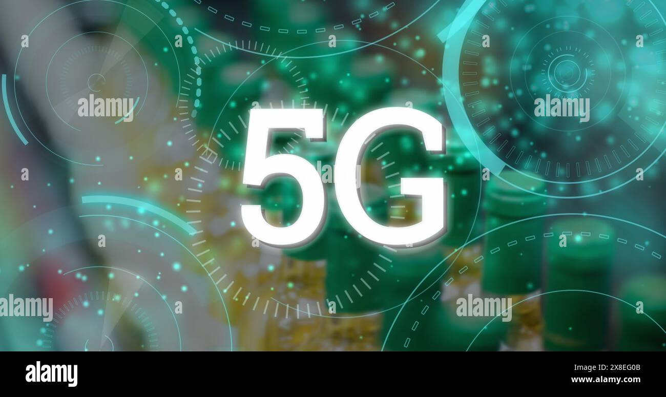 Image of 5g text banner over multiple round scanners against glowing blue spots of light Stock ...