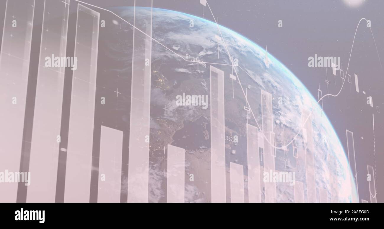 Image of graphs with numbers over globe and lens flare against abstract background Stock Photo ...
