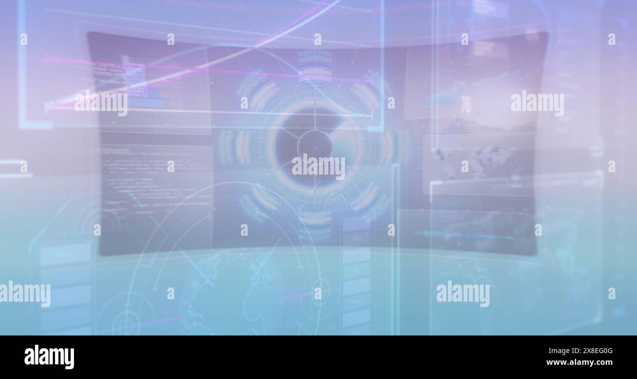 Image of graphs, radar, globe in circle and computer language over abstract background Stock ...