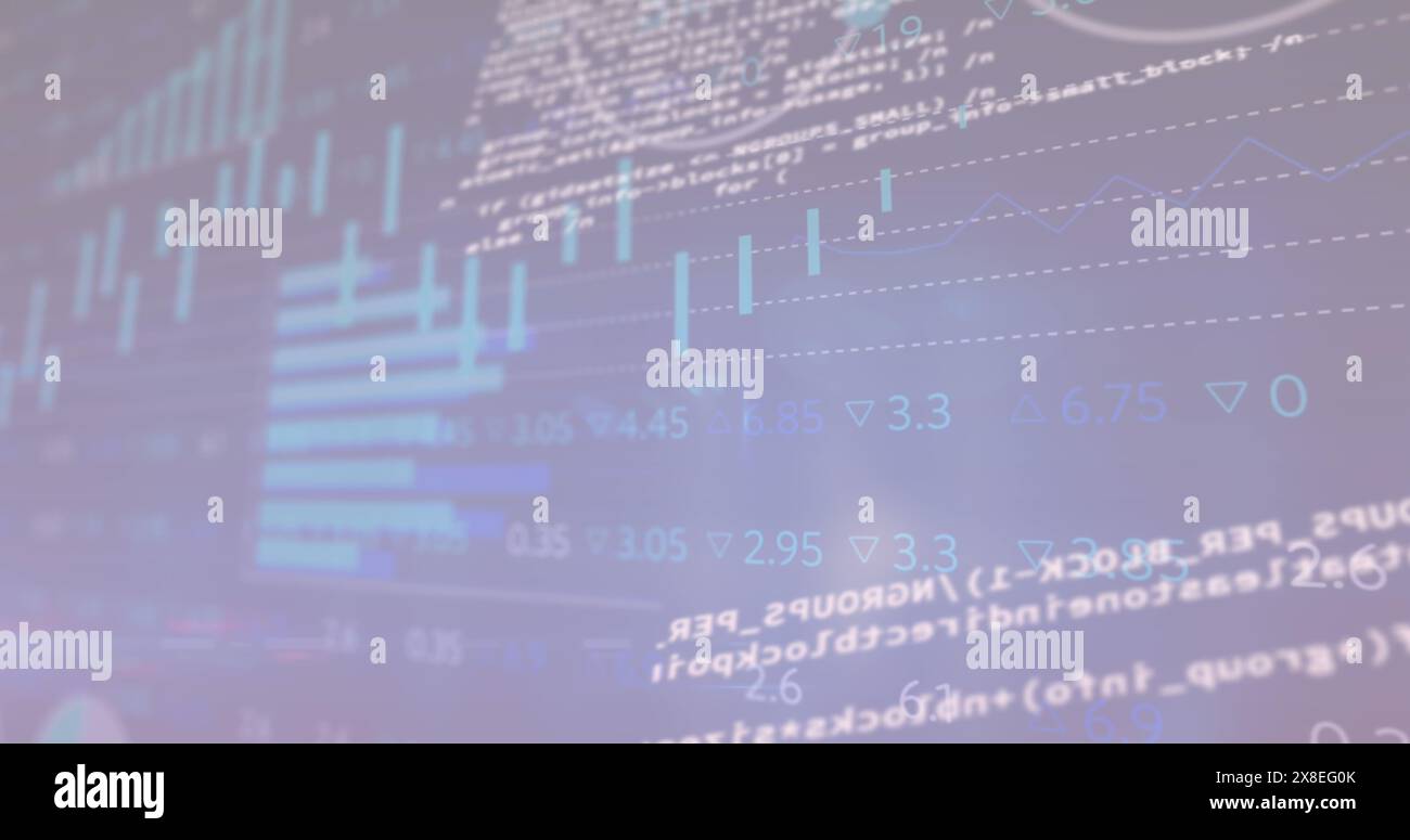 Image of graphs, loading circles and trading board over computer language on abstract background ...