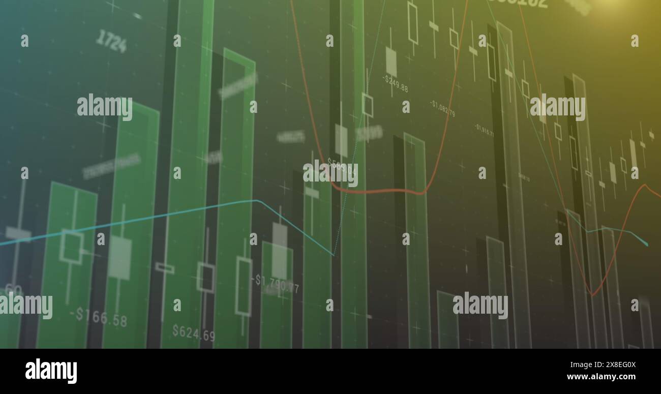 Image of changing numbers over multiple graphs and lens flare against abstract background Stock ...