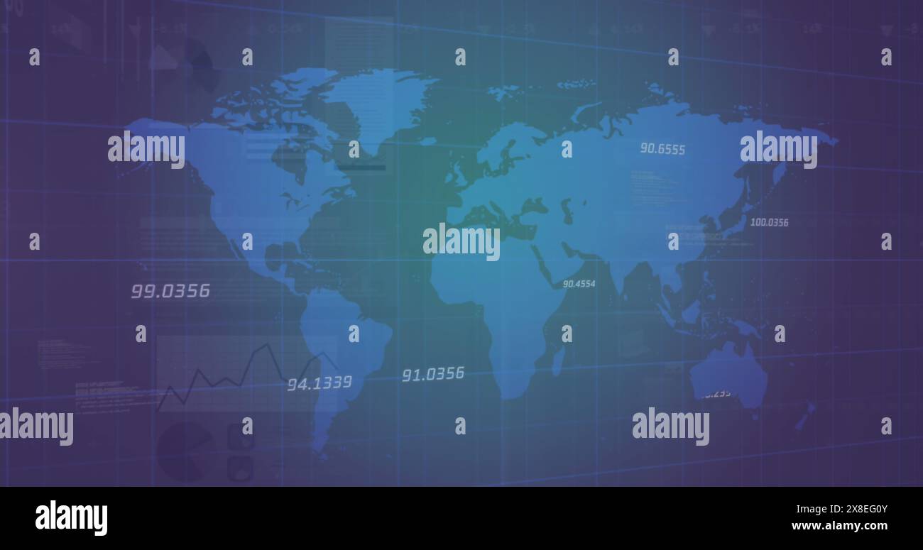 Image of numbers and infographic interface over grid pattern and map ...