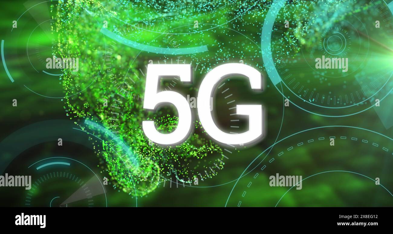 Image of 5g text banner and multiple round scanners over green digital ... Image of 5g text banner and multiple round scanners over green digital ...