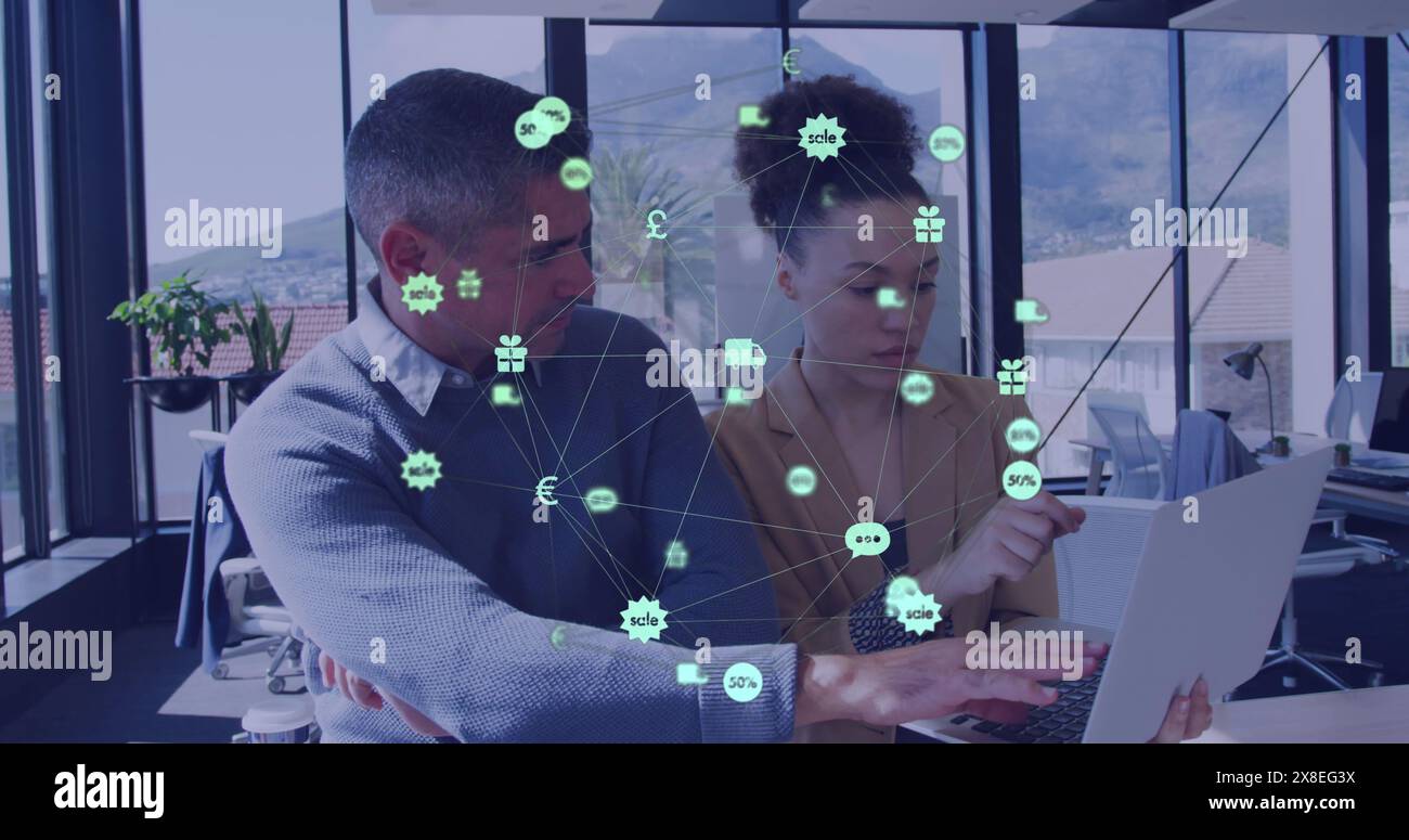 Image of network of connections with icons over caucasian image using ...