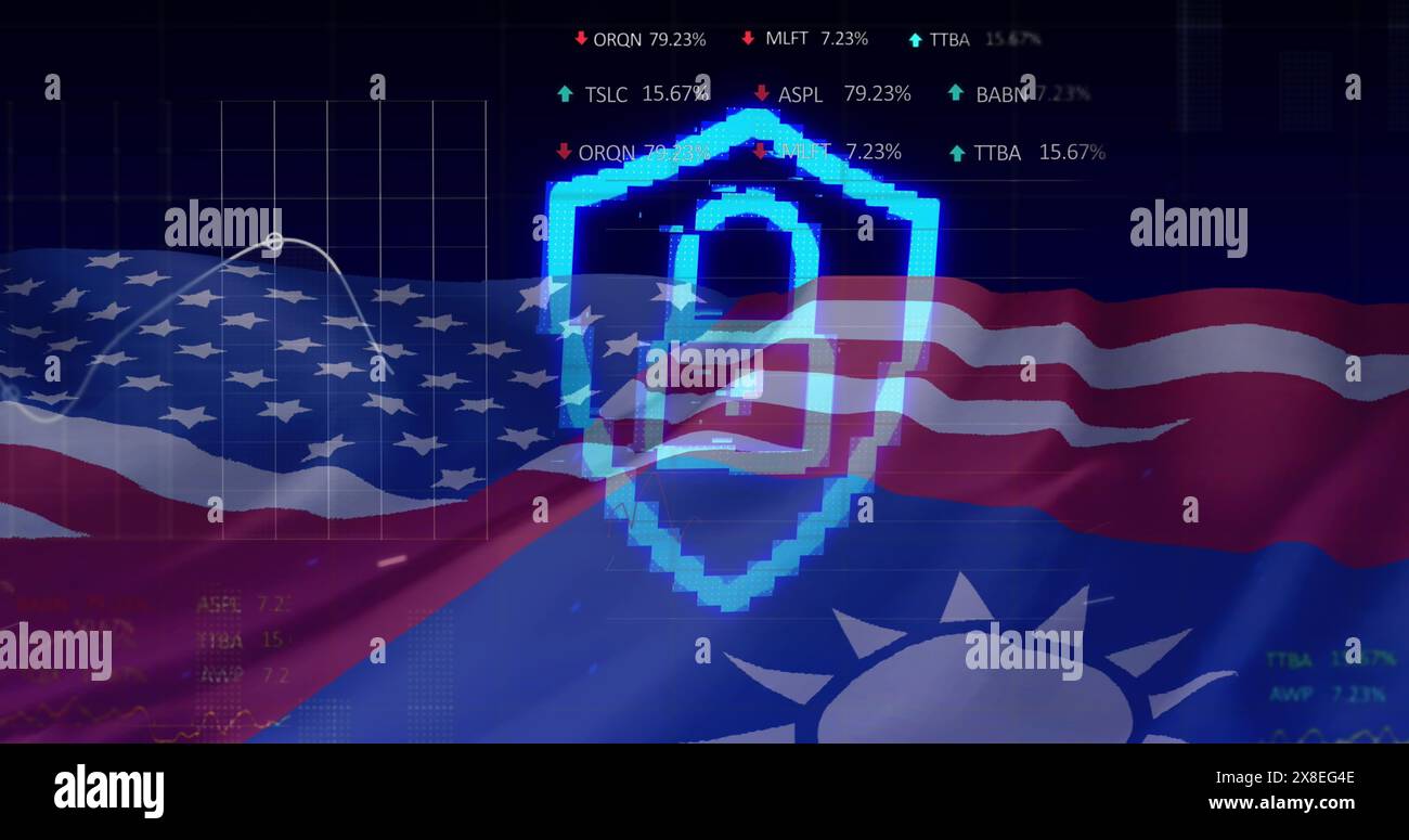 Image of padlock, financial data processing over flags of taiwan and ...