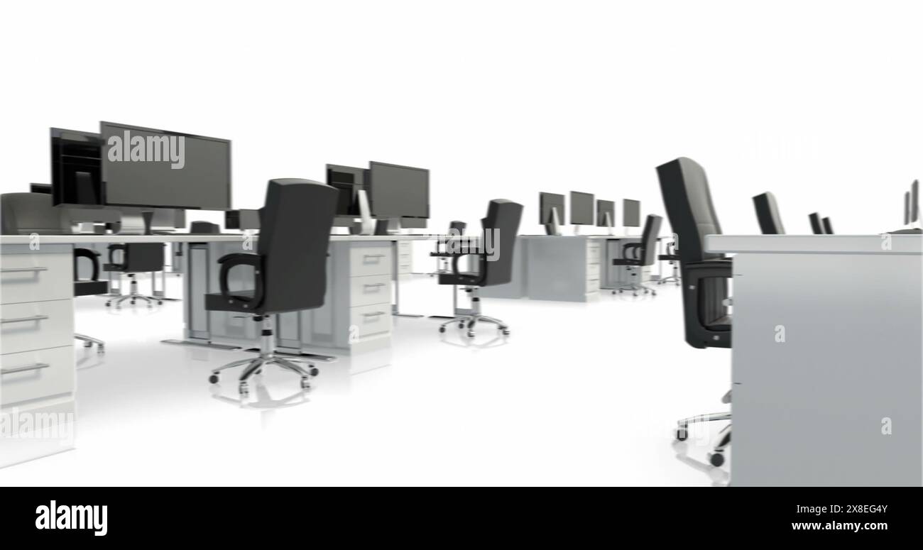 Image of empty office with desks and computers on white background ...