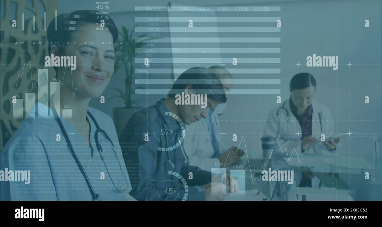 Image of financial data processing over diverse doctors Stock Photo - Alamy