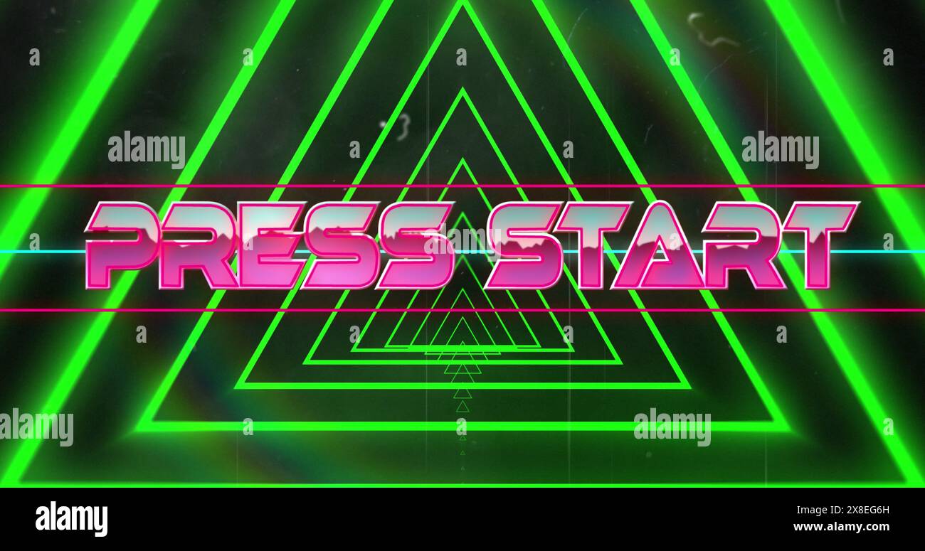 Image of press start text banner against neon green triangular tunnel ...
